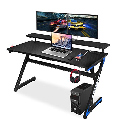 YIGOBUY Gaming Computer Desk 55 Inch Large Gaming Table Z Shape Black Racing Table Student Desk with& Headphone Hook for Kids Adults Home Office Bedroom Computer Workstation