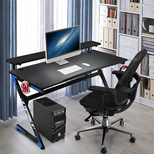 YIGOBUY Gaming Computer Desk 55 Inch Large Gaming Table Z Shape Black Racing Table Student Desk with& Headphone Hook for Kids Adults Home Office Bedroom Computer Workstation