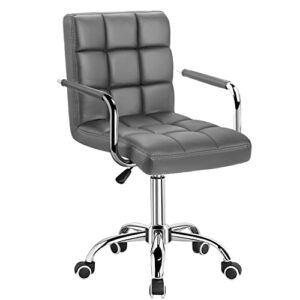 furmax mid-back office task chair ribbed pu leather executive chair modern adjustable home desk chair retro comfortable work chair 360 degree swivel with arms (grey)