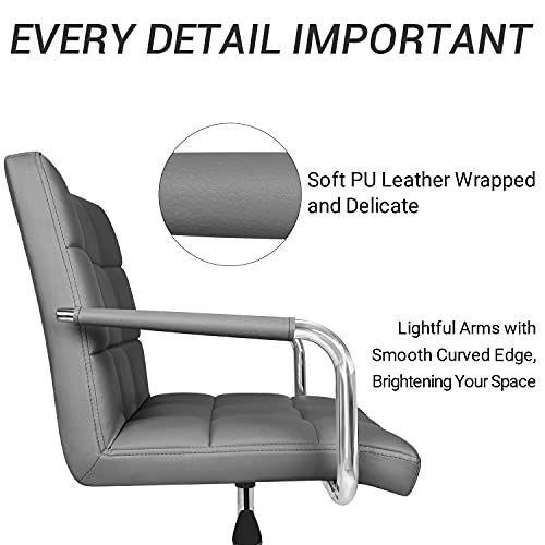 Furmax Mid-Back Office Task Chair Ribbed PU Leather Executive Chair Modern Adjustable Home Desk Chair Retro Comfortable Work Chair 360 Degree Swivel with Arms (Grey)