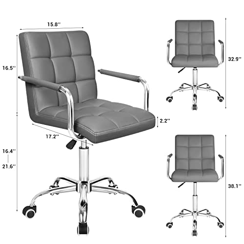 Furmax Mid-Back Office Task Chair Ribbed PU Leather Executive Chair Modern Adjustable Home Desk Chair Retro Comfortable Work Chair 360 Degree Swivel with Arms (Grey)