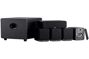 monoprice ht-35 premium 5.1-channel home theater system - charcoal, with powered subwoofer, low profile speaker grilles, secure mounting option, black (139357)