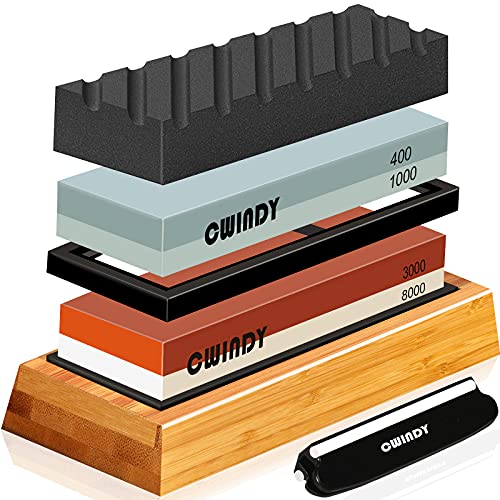 Whetstone Sharpening Stone Kit Dual Sided 400/1000 & 3000/8000 Grit Professional Whetstone knife Sharpener Stone Wet Stone Set Nonslip Bamboo Base Angle Guide, and Flattening Stone