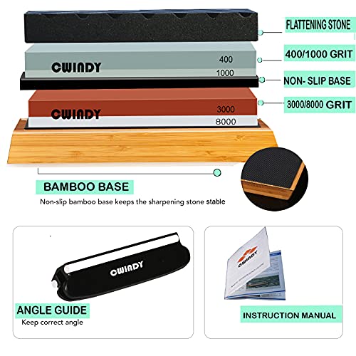 Whetstone Sharpening Stone Kit Dual Sided 400/1000 & 3000/8000 Grit Professional Whetstone knife Sharpener Stone Wet Stone Set Nonslip Bamboo Base Angle Guide, and Flattening Stone