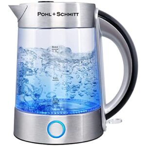 pohl schmitt 1.7l electric kettle with upgraded stainless steel filter, inner lid & bottom, glass water boiler & tea heater with led, cordless, auto shut-off - boil-dry