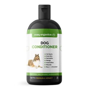 hypoallergenic dog coat conditioner- detangles & softens fur, calms itching & dryness, organic aloe vera & manuka honey soothes the skin, reduces dandruff, shedding, scratching and more.