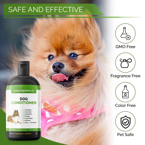 Hypoallergenic Dog Coat Conditioner- Detangles & Softens Fur, Calms Itching & Dryness, Organic Aloe Vera & Manuka Honey Soothes The Skin, Reduces Dandruff, Shedding, Scratching and More.