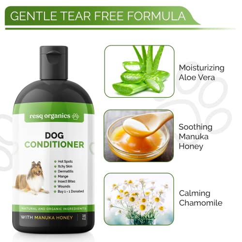 Hypoallergenic Dog Coat Conditioner- Detangles & Softens Fur, Calms Itching & Dryness, Organic Aloe Vera & Manuka Honey Soothes The Skin, Reduces Dandruff, Shedding, Scratching and More.