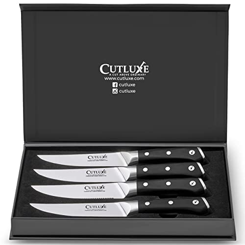 Cutluxe Steak Knives - Serrated Steak Knife Set of 4 – Forged High Carbon German Steel – Full Tang – Ergonomic Handle Design – Artisan Series