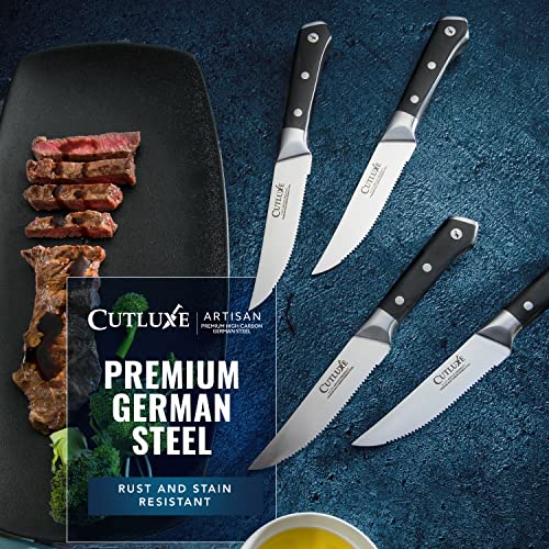 Cutluxe Steak Knives - Serrated Steak Knife Set of 4 – Forged High Carbon German Steel – Full Tang – Ergonomic Handle Design – Artisan Series