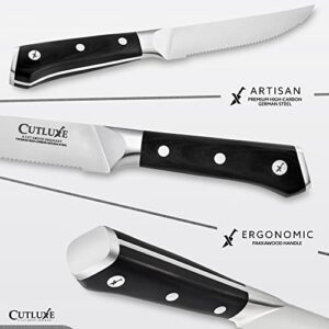 Cutluxe Steak Knives - Serrated Steak Knife Set of 4 – Forged High Carbon German Steel – Full Tang – Ergonomic Handle Design – Artisan Series