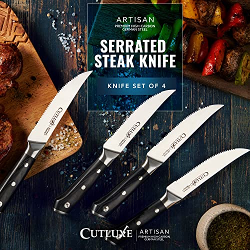 Cutluxe Steak Knives - Serrated Steak Knife Set of 4 – Forged High Carbon German Steel – Full Tang – Ergonomic Handle Design – Artisan Series