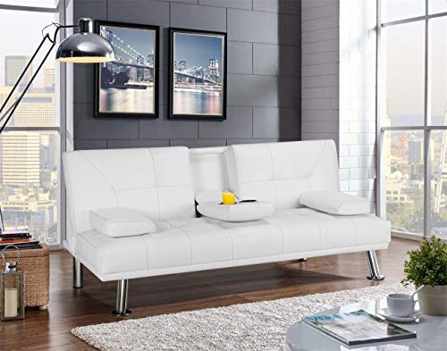 Topeakmart Adjustable Faux Leather Sofa Futon Modern Sofa Bed Convertible Sofa Couch Sleeper with Armrest Recliner Couch Home Furniture White