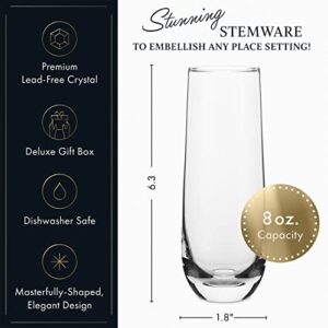 ELIXIR GLASSWARE Stemless Champagne Flutes - Crystal Glass Flutes, Hand Blown - Set of 6 Stemless Glasses, Premium Crystal - Gift for Bridal Shower, Wedding, Bachelorette Party - 8oz, Clear