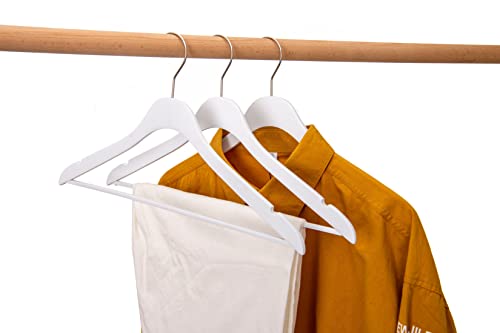 20 Luxury Slim Space Saving Wooden Clothes Hanger with Squared Pant Bar Best for Shirts, Blouses, Pant, Dress, Hangers White (White - Shirt with Pant Bar, 20)