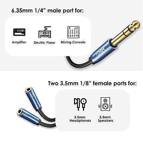 MillSO 6.35mm 1/4 Male to Dual 3.5mm 1/8 Female Headphone Adapter, TRS Stereo Sapphire Blue & Gold-Plated Audio Splitter for Amplifiers, Guitar Amp, Keyboard Piano, Home Theater, Mixer - 12 inch