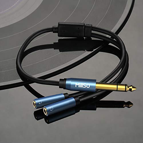 MillSO 6.35mm 1/4 Male to Dual 3.5mm 1/8 Female Headphone Adapter, TRS Stereo Sapphire Blue & Gold-Plated Audio Splitter for Amplifiers, Guitar Amp, Keyboard Piano, Home Theater, Mixer - 12 inch