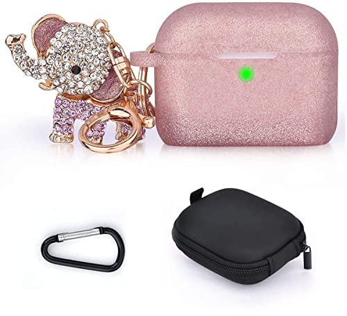 TOROTOP Compatible with Airpods Pro Case, Soft 4 in 1 Silicone Protective Case for Apple Airpods Pro with Bling Elephant Keychain/Storage Box, Charging Case for Airpods Pro Case 2019 Rose Gold