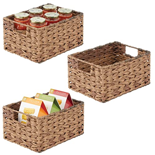 mDesign Woven Farmhouse Kitchen Pantry Food Storage Organizer Basket Bin Box - Container Organization for Cabinets, Cupboards, Shelves, Countertops - Store Potatoes, Onions, Fruit, 3 Pack, Brown Ombre