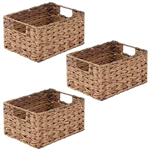 mDesign Woven Farmhouse Kitchen Pantry Food Storage Organizer Basket Bin Box - Container Organization for Cabinets, Cupboards, Shelves, Countertops - Store Potatoes, Onions, Fruit, 3 Pack, Brown Ombre