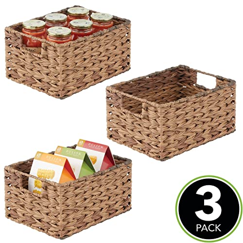 mDesign Woven Farmhouse Kitchen Pantry Food Storage Organizer Basket Bin Box - Container Organization for Cabinets, Cupboards, Shelves, Countertops - Store Potatoes, Onions, Fruit, 3 Pack, Brown Ombre