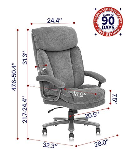 CLATINA Ergonomic Big and Tall Executive Office Chair with Upholstered Swivel 400lbs High Capacity Adjustable Height Thick Padding Headrest and Armrest for Home Office Grey