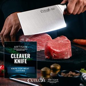 Cutluxe Cleaver Knife - 7" Meat Cleaver, Butcher Knife for Meat Cutting – Razor Sharp German Steel Blade – Full Tang Ergonomic Handle Design – Artisan Series