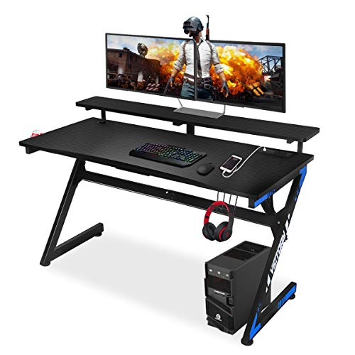 YIGOBUY Large Gaming Desk 55 Inch Computer Gaming Desk E-Sports Racing Table with with Cup Holder, Headphone Hook for Home Office, Black