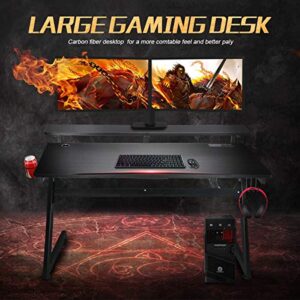 YIGOBUY Large Gaming Desk 55 Inch Computer Gaming Desk E-Sports Racing Table with with Cup Holder, Headphone Hook for Home Office, Black