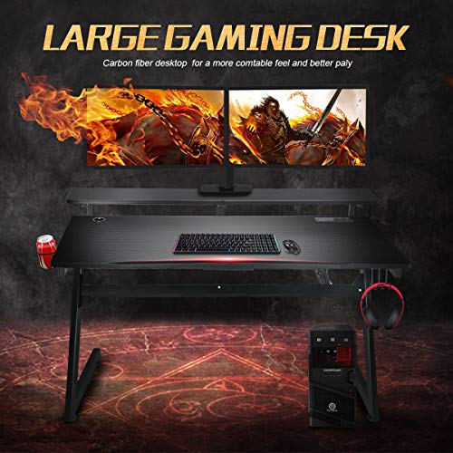 YIGOBUY Large Gaming Desk 55 Inch Computer Gaming Desk E-Sports Racing Table with with Cup Holder, Headphone Hook for Home Office, Black