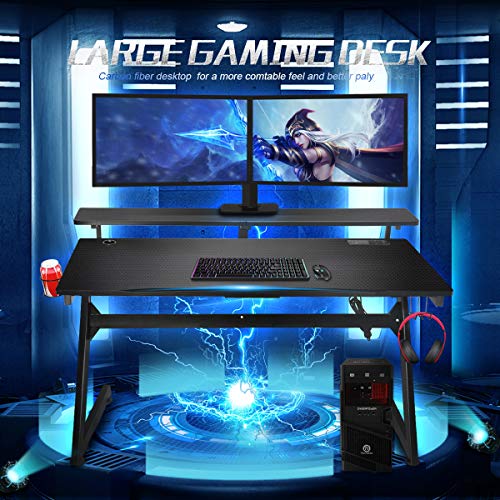 YIGOBUY Large Gaming Desk 55 Inch Computer Gaming Desk E-Sports Racing Table with with Cup Holder, Headphone Hook for Home Office, Black