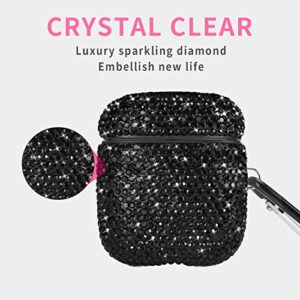 Newseego Compatible with AirPods 1 & 2 Case, Keychain+Anti-Lost Strap+Ear Hooks+Watch Band Holder,Protective Bling Crystal Glitter Luxury Shining Diamond Rhinestone Gift Scratch/Drop Proof-Black