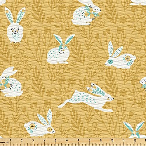 Ambesonne Bunny Fabric by The Yard, Countryside Field Nature Inspired Pattern Animals with Floral Ornaments, Decorative Fabric for Upholstery and Home Accents, 1 Yard, Mustard Seafoam White