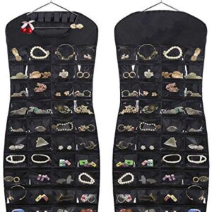 JSXD Hanging Jewelry Organizer,Dress-like Double Side 84 Clear Pockets and 6 Hook Loops Storage for Holding Jewelries (Black)