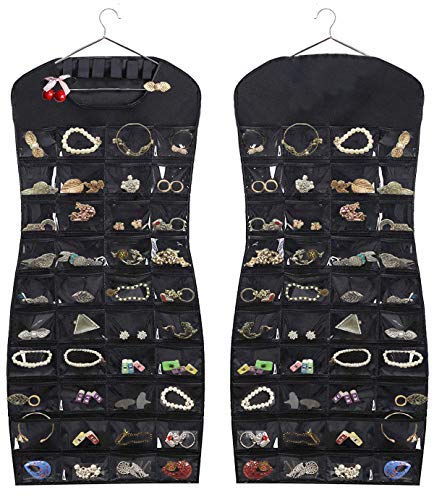 JSXD Hanging Jewelry Organizer,Dress-like Double Side 84 Clear Pockets and 6 Hook Loops Storage for Holding Jewelries (Black)