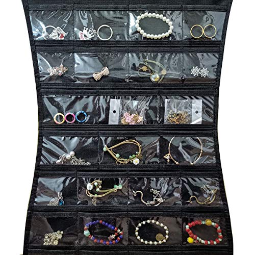 JSXD Hanging Jewelry Organizer,Dress-like Double Side 84 Clear Pockets and 6 Hook Loops Storage for Holding Jewelries (Black)