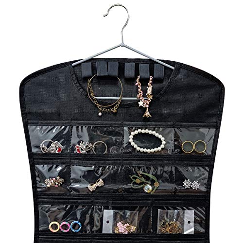 JSXD Hanging Jewelry Organizer,Dress-like Double Side 84 Clear Pockets and 6 Hook Loops Storage for Holding Jewelries (Black)