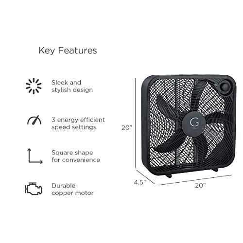 Genesis 20" Box Fan, 3 Settings, Max Cooling Technology, Carry Handle, Black