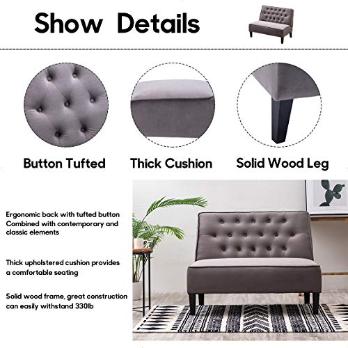 Alunaune Upholstered Loveseat Bench Settee for Bedroom, Small Sofa Couch Love Seat Bench Armless Settee Tufted Button Living Room Dining Room Bench-Light Grey