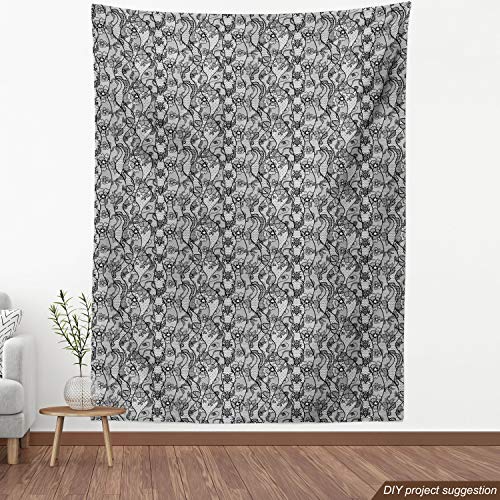 Ambesonne Floral Fabric by The Yard, Lace Gothic Pattern with Flower Effect and Leaves Ornamental Antique Feminine Design, Decorative Fabric for Upholstery and Home Accents, 1 Yard, Black Grey