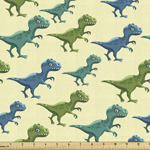 ambesonne animals fabric by the yard, jurassic theme cartoon dinosaurs patterns walking t-rex, decorative fabric for upholstery and home accents, 1 yard, yellow multicolor