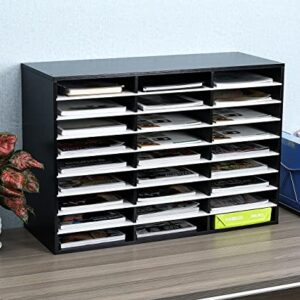 PAG Wood Literature Organizer Office Home File Sorter Mail Center Paper Storage Holder Classroom Keepers Mailbox, 27 Slots Compartment, Black&White