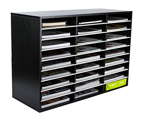 PAG Wood Literature Organizer Office Home File Sorter Mail Center Paper Storage Holder Classroom Keepers Mailbox, 27 Slots Compartment, Black&White