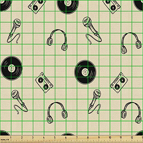 Ambesonne Music Fabric by The Yard, Retro Records Headphones Microphones Casette Tapes Melody in Sixties Graphic Art, Decorative Fabric for Upholstery and Home Accents, 1 Yard, Black Cream