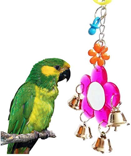 Bird Mirror Toy Hanging Ringer Bell Colorful Swing Cage Toy with Sweet Sound for Small Medium Parrot Parakeet Conure Cockatiel Cockatoo Macaw Amazon Finch Cage Accessories