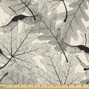 ambesonne botany fabric by the yard, detailed skeleton of leaves autumnal romantic pattern, decorative fabric for upholstery and home accents, 1 yard, ivory taupe grey