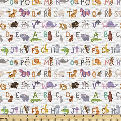 Ambesonne Alphabet Fabric by The Yard, Pattern of Animals and First Letters Learning Themed Image, Decorative Fabric for Upholstery and Home Accents, 1 Yard, White