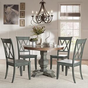 Inspire Q Eleanor Round Solid Wood Top Double X Back 5-Piece Dining Set by Classic Oak and Sage Green Table with Chairs Antique