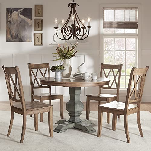 Inspire Q Eleanor Round Solid Wood Top Double X Back 5-Piece Dining Set by Classic Oak and Sage Green Table with Chairs Antique