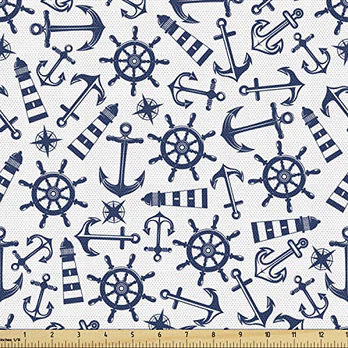 Ambesonne Navy White Fabric by The Yard, Simple Retro Nautical Pattern with Anchor Helm Lighthouse and Windrose, Decorative Fabric for Upholstery and Home Accents, 2 Yards, Night Blue and White